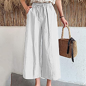 CPXUTFP Women's Cotton Linen Wide Leg Pants Casual Elastic Waistband Loose Fit Palazzo Pants Lounge Flowy Cozy Slacks Trouser White