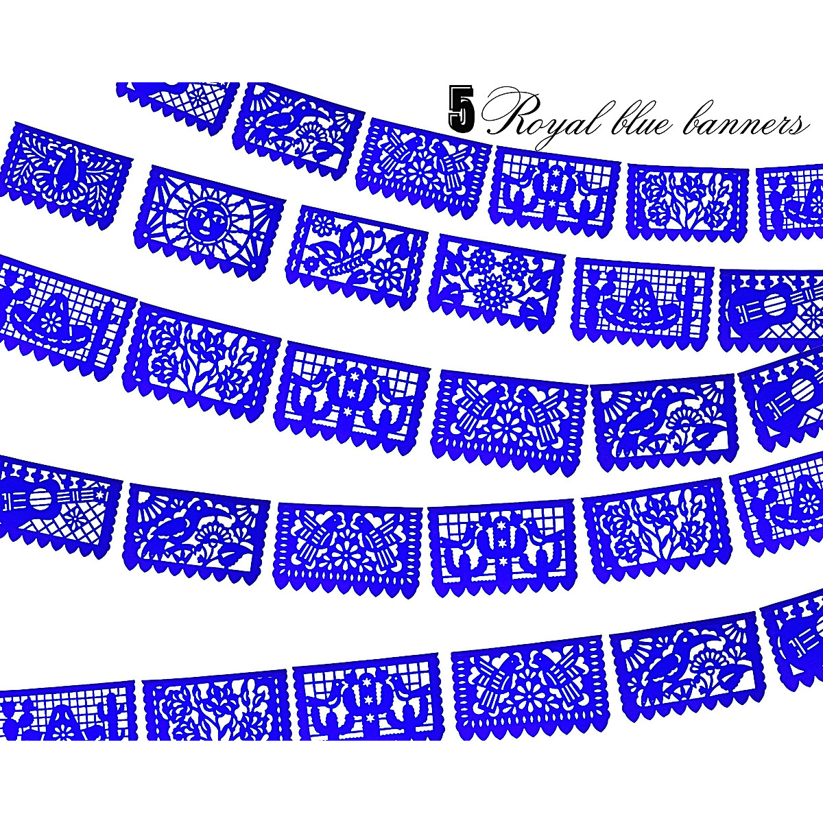 5 pk Fiesta Party Supplies, Royal Blue Mexican Banner Flags, 50 Panels of Papel Picado, 60ft Tissue Paper Garland Perfect for birthdays, weddings, quinceaneras, taco bar ws2030