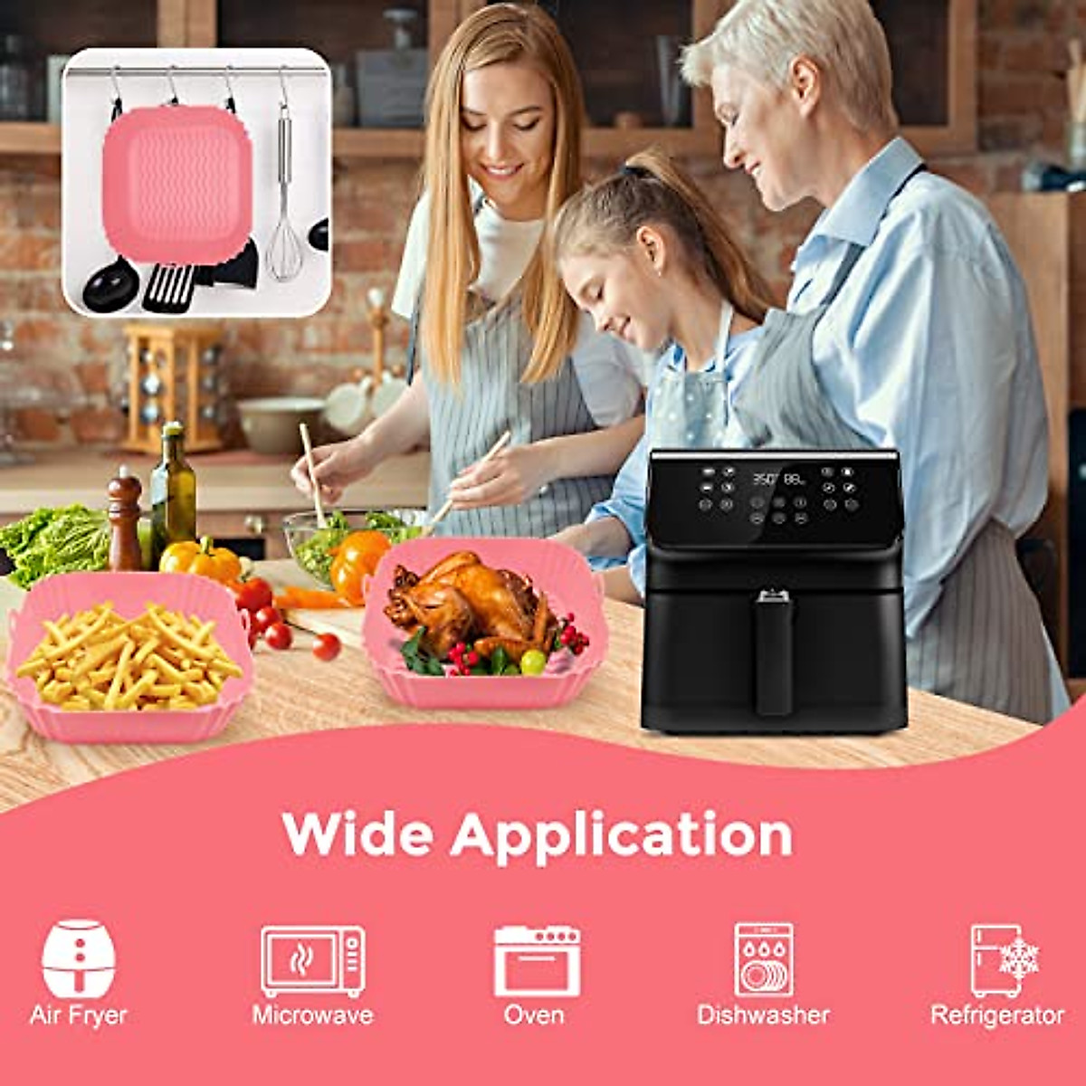 Air Fryer Silicone Liners, 8'' Square 4 to 8 QT Food Grade Heat Resistant Reusable Airfryer Silicone Liners Inserts Baskets Accessories with Mitts for Instant Vortex COSORI Air Fryer Oven Microwave