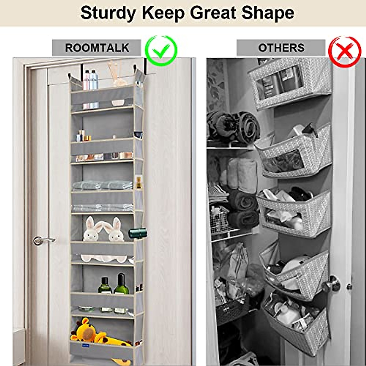 roomtalk Over The Door Hanging Organizer 6-Shelves for Baby Nursery and Bathroom, Door Organizer Hanging with 2 Large Metal Hooks and 12 Pockets for Children Bedroom, Over The Door Storage, Grey