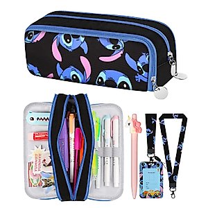 Trendy Fun for Large Pencil Case Big Capacity 3 Compartments Pencil Pouch Cute Cartoon Character Cool Pen Bag with Zipper for Girls Teens Estuche para Lapices Sticker +Pen+ ID Badge Holder+Lanyard