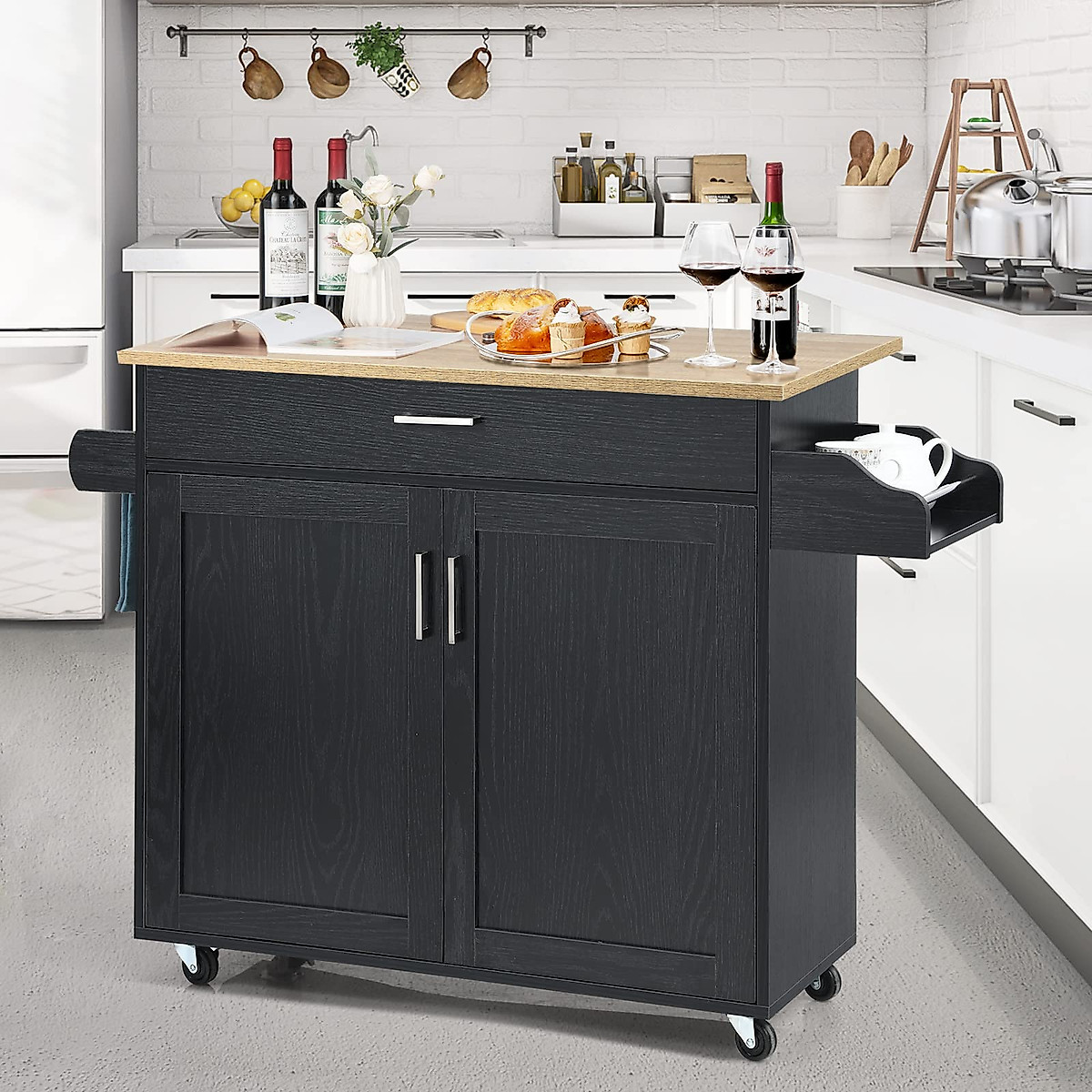 COSTWAY Kitchen Island Cart, Rolling Storage Trolley Cart with Lockable Rubber Wheels, Large Cabinet, Drawer, Spice Rack and Towel Rack, Kitchen Serving Utility, 3-Position Adjustable Shelf (Black)