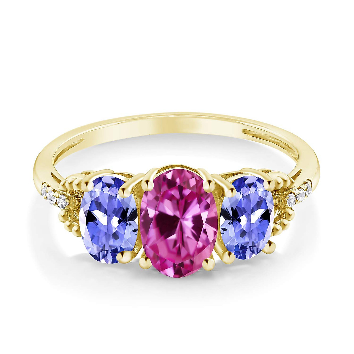Gem Stone King 10K Yellow Gold Oval Pink Created Sapphire Blue Tanzanite and Diamond Engagement Ring For Women (1.82 Cttw, Available In Size 5, 6, 7, 8, 9)
