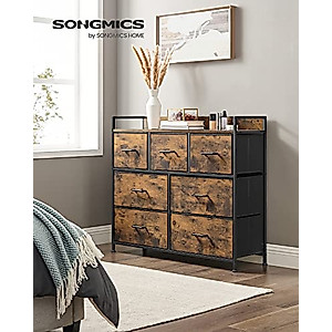 SONGMICS Dresser for Bedroom, Chest of Drawers, 7 Fabric Drawers with Handles, Rustic Brown and Black ULTS137B01