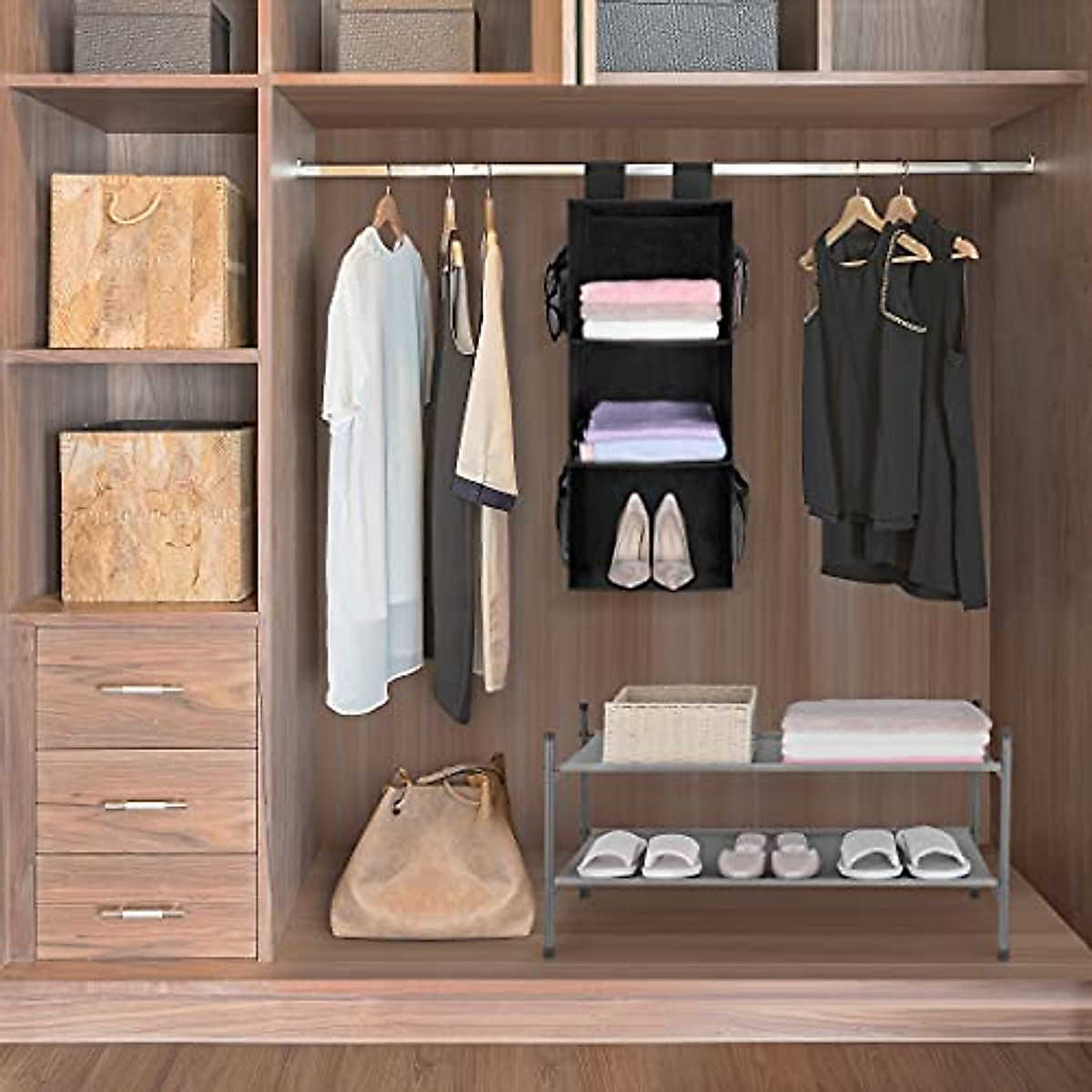 MAX Houser 3-Shelf Hanging Closet Organizer, Hanging Sweater Organizer, Foldable Hanging Shelves for Closet with 2 Velcro, Black