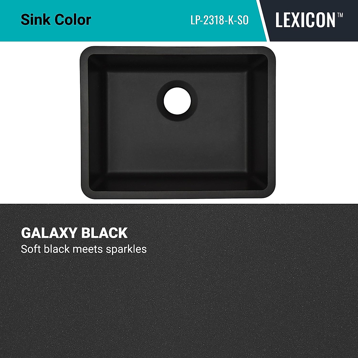23" x 18" Quartz Kitchen Sink, single bowl kitchen sink,Drop in Kitchen Sink, Granite Composite Kitchen Sink, Undermount Sink, Galaxy Black kitchen Sink, Lexicon Platinum LP-2318-K-SO