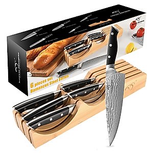 NANFANG BROTHERS Kitchen Knife Set, 6 Pieces Damascus Knife Block Sets with Bamboo Knives Drawer Organizer, Perfect for Home and Chefs, Premium Knife Holder, Gift for Christmas and Housewarming
