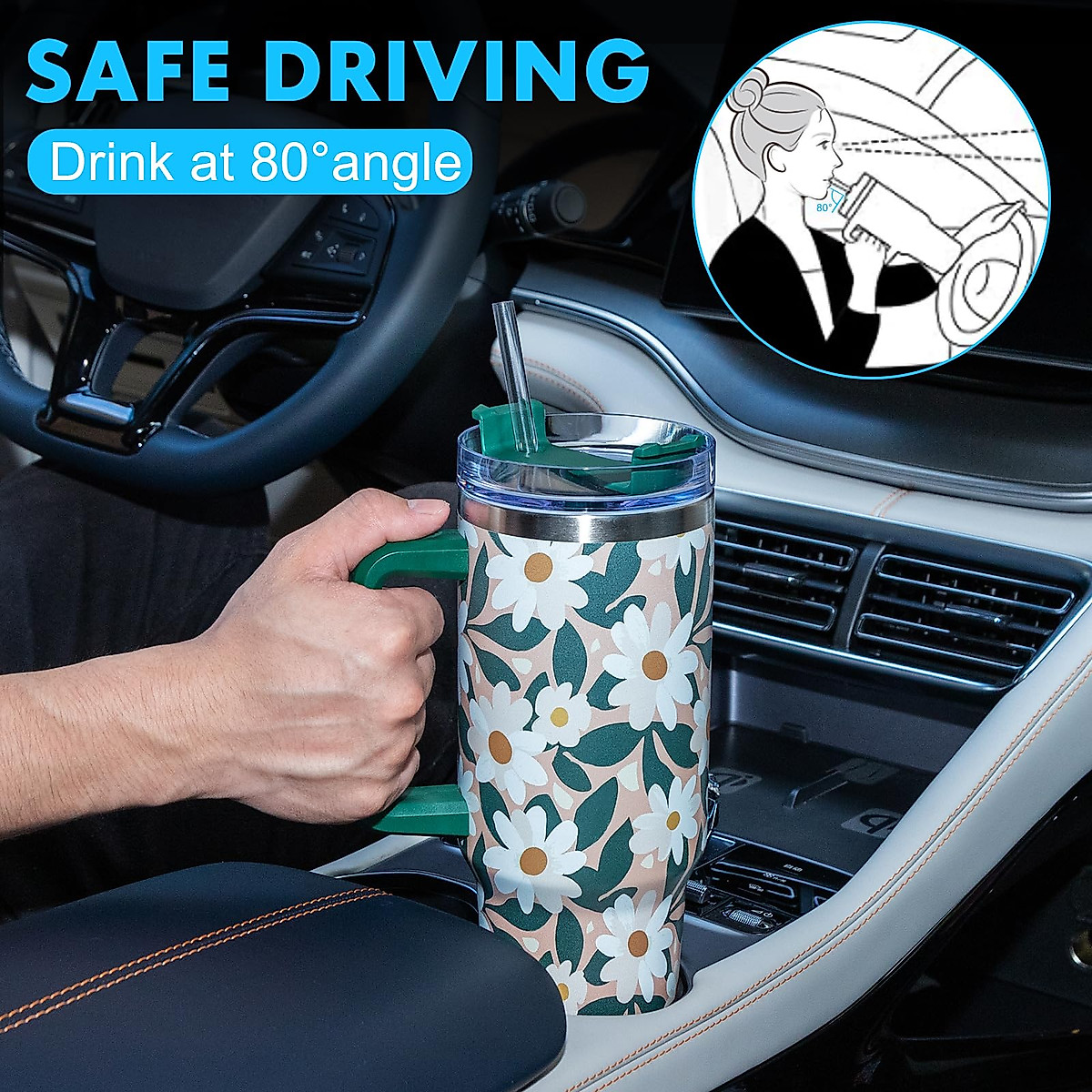 40 oz Tumbler with Handle and Straw, Flowers Insulated Travel Mug Iced Coffee Cup, Reusable Stainless Steel Insulated Water Bottle, Keeps Drinks Cold for 34 Hours, Dishwasher Safe, BPA Free