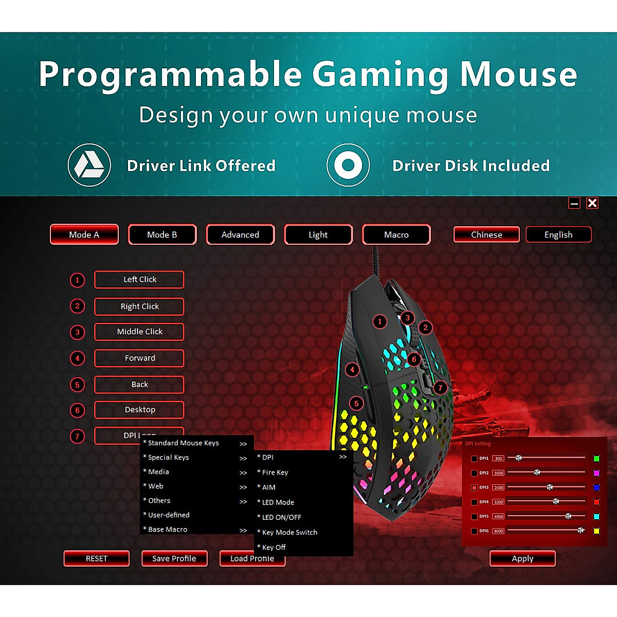 Uiosmuph X801 Wired Gaming Mouse, Honeycomb Lightweight Gaming Mouse with RGB Backlit, 7 Programmable Buttons and One-Click Desktop, 8000 DPI Optical USB Gamer Mouse for Mac, Laptop, Computer - Black