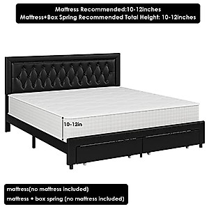 King Bed Frame with 2 Storage Drawers, Leather Upholstered Platform Bed Frame with Button Tufted Headboard, Wooden Slats and Adjustable Headboard Mattress Foundation, No Box Spring Needed, Black