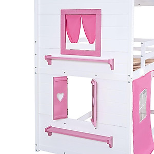 SOFTSEA Full Over Full Bunk Bed Frame, Floor Low Bunk Bed with Tent and Windows Sills, Wood Bunk Bed Frame with Slide Ladder and Guardrails, Full Size House Shaped Bunk Bed for Kids, Pink