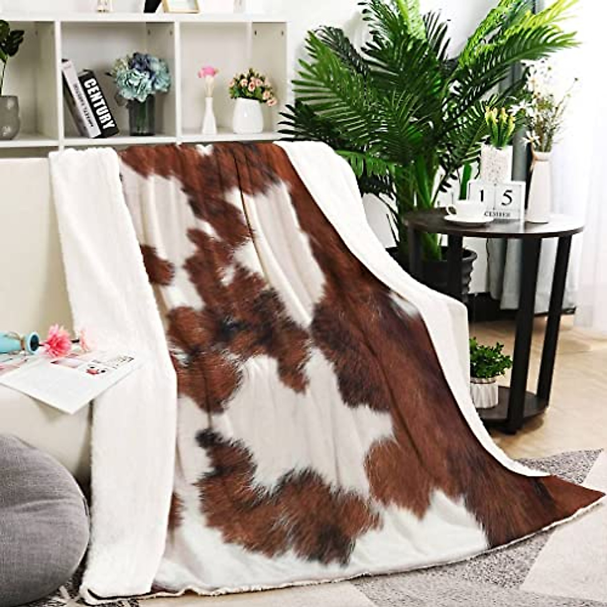 Brown White Cow Skin Print Blanket Soft Sherpa Fleece Farm Animal Skin Fur Throw Blankets Cows Pattern Blanket for Couch Sofa Blanket Stitching Blanket 40x50 Inch