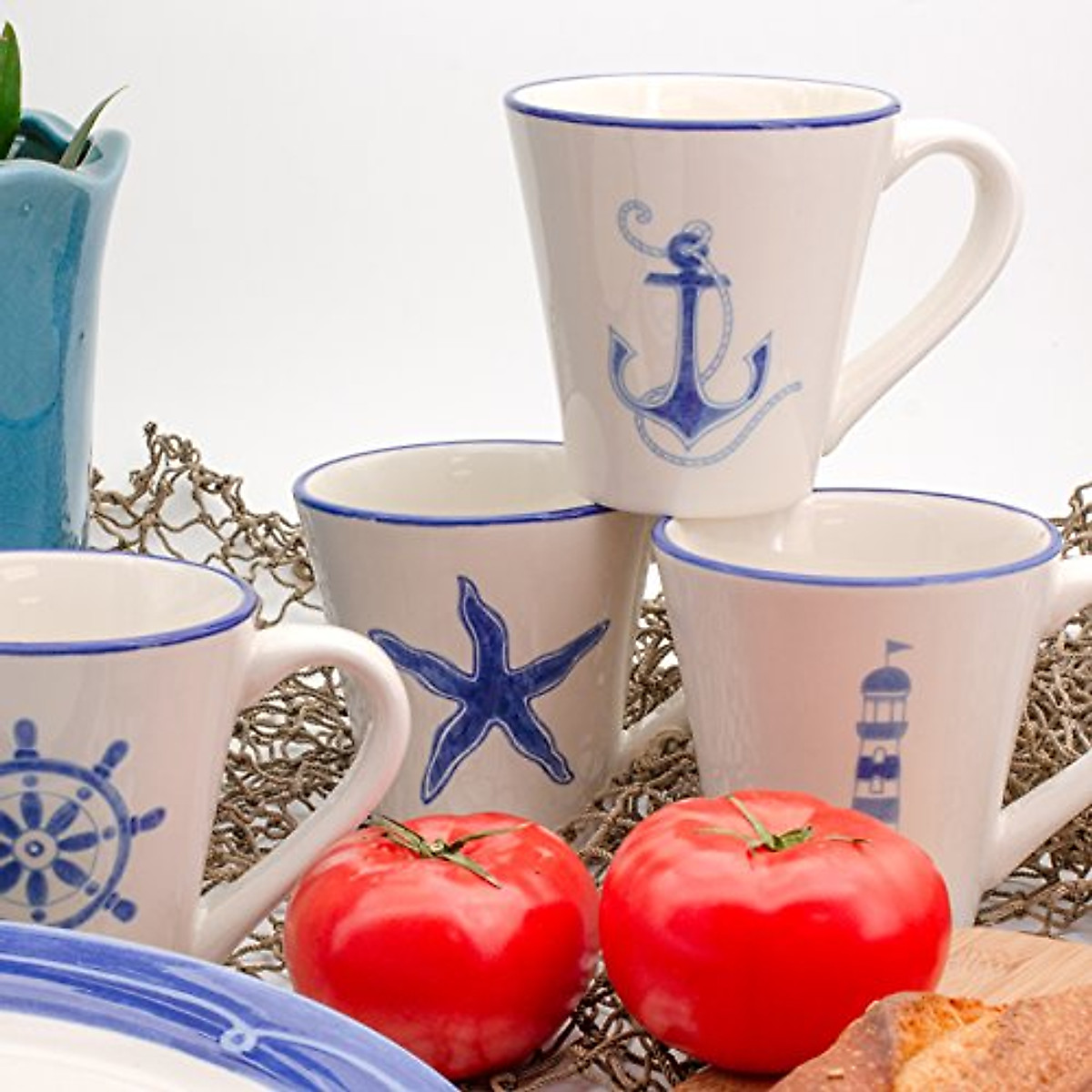 Euro Ceramica Ahoy Collection Nautical Ceramic Coffee/Tea Mugs, 13.5oz, Set of 4, Assorted Designs, Blue & White