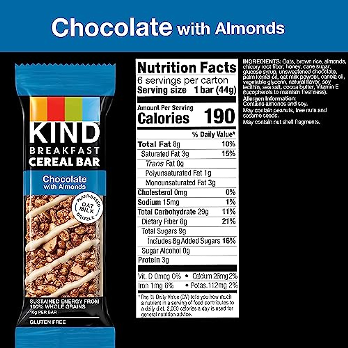 KIND Breakfast Cereal Bars, Gluten Free Snacks, Chocolate with Almonds, 9.3oz Box (6 Bars)