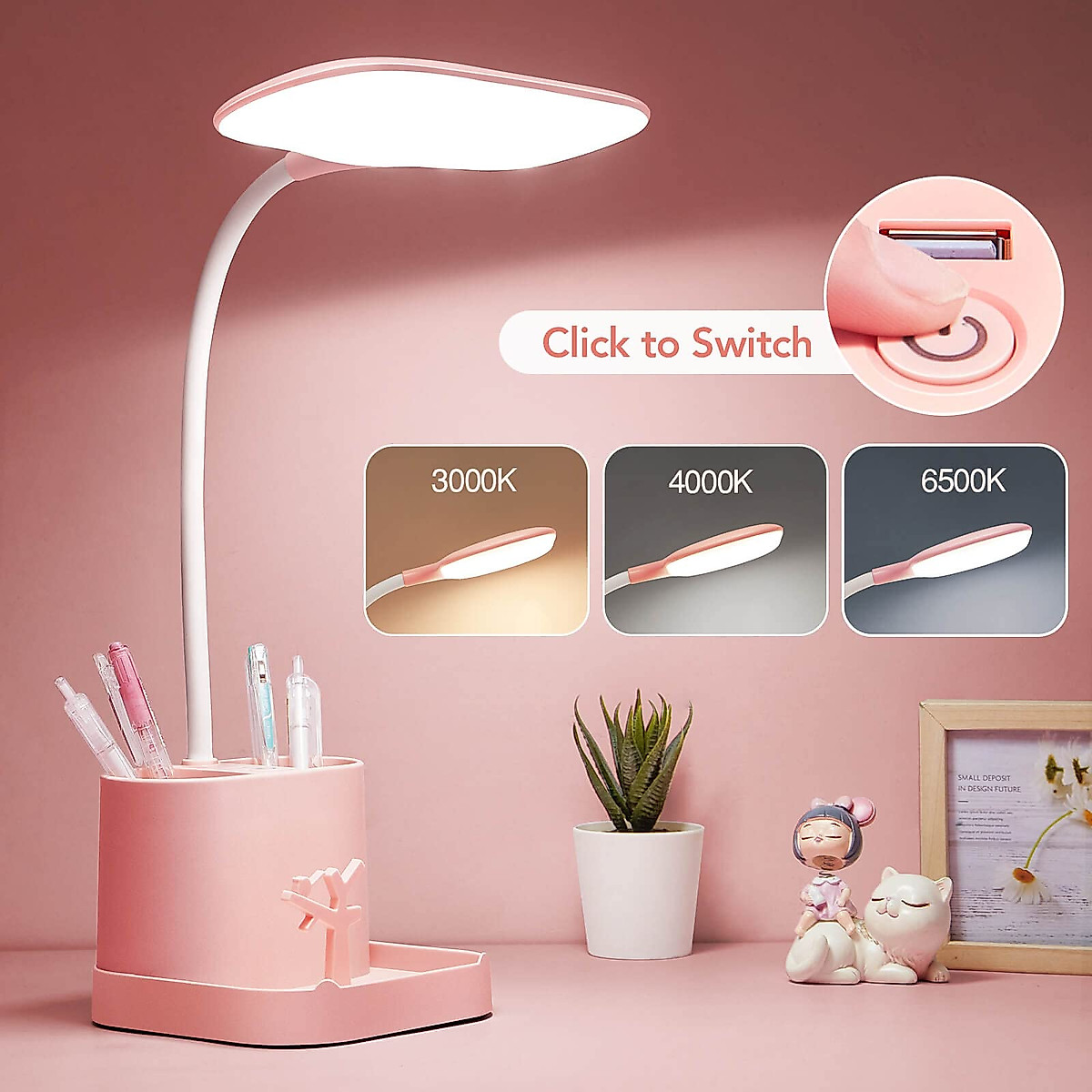 Mubarek Cute Desk Lamp Pink Lamp Cute Desk Accessories, 3 Modes 8W Dimmable Pink Desk Lamp+Organizers, Pink Desk Accessories Kawaii Desk Accessories, Cute Lamp Cute Desk Decor Cute Office Supplies