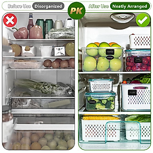 5 PCS Fruit Storage Containers for Fridge Leakproof Food Storage Containers with Removable Colander Label and Pen BPA-Free Fruit Containers for Fridge Keep Fruits, Vegetables, Meat Fresh longer