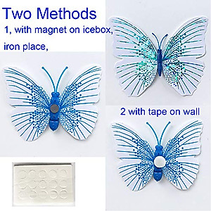 24PCS Butterfly Stickers with Sponge Gum and Magnets, White Crystal Removable Butterfly Wall Sticker Decals for Room Home Nursery Decor (Blue Single Wing)