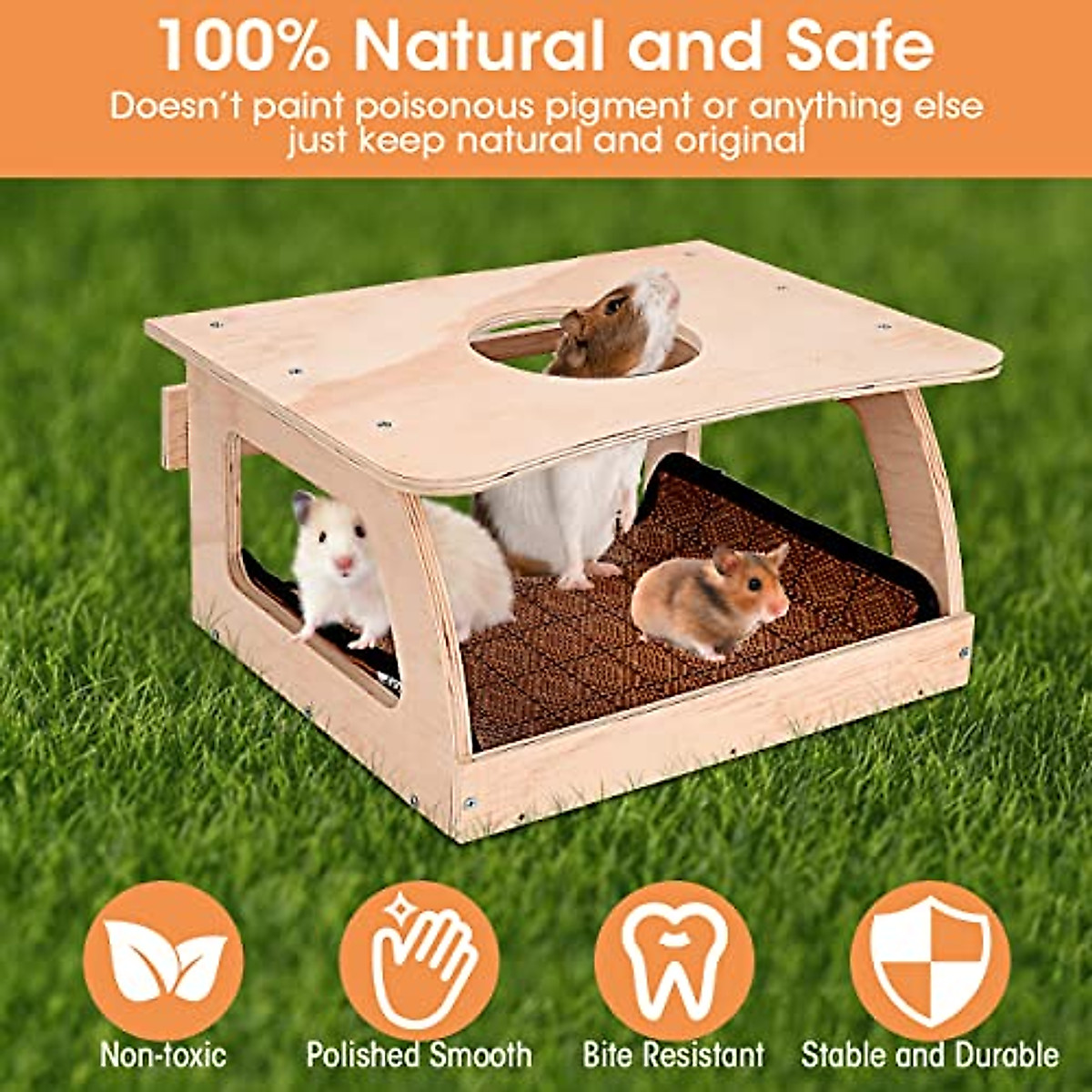 Haldane Guinea Pig Hideout - Wooden Small Animal Hideout with Mat & Ladder, Ventilated Small Animal House with Multiple Doors for Chinchilla Guinea Pig Hamsters Bunny