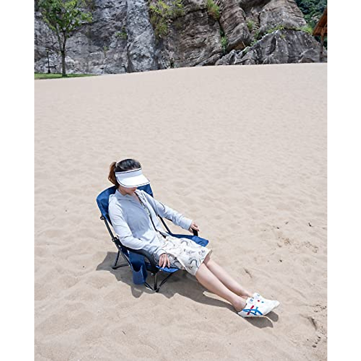 iClimb Low Wide Beach Camping Folding Chair with Side Pocket and Carry Bag (1, Navy)