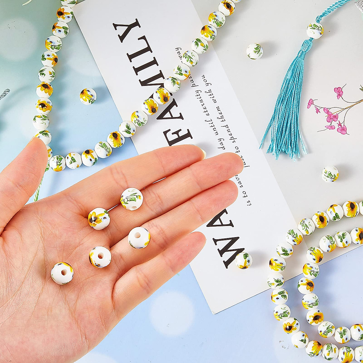 Hicarer 200 Pcs Summer Sunflower Beads 10 mm Flower Ceramic Bead Round Handmade Porcelain Beads Sunflower Spacer Bead for Bracelets Jewelry Making DIY Crafts Necklace Traditional Chinese Style