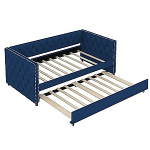 CECER Space Saving Pull Out Sleeper Sofa Bed, Button Tufted Couch Bed with Riveted Design, Daybed with Trundle, Daybed for Apartment Living Room Bedroom Office, Navy Blue