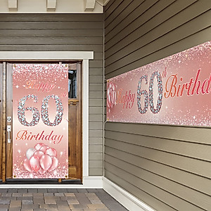 Happy 60th Birthday Door Cover Porch Long Banner Sign Set 60 Years Old Birthday Decoraions Party Supplies for Women Rose Gold