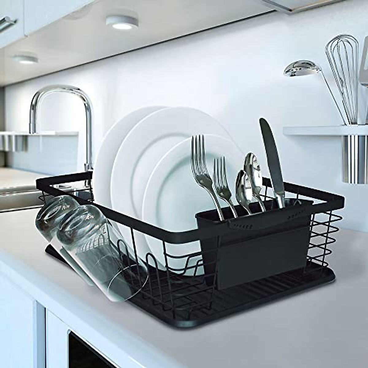 13" x 17" Steel Dish Drainer Rack with Plastic Tray and Detachable Silverware Holder (Black)