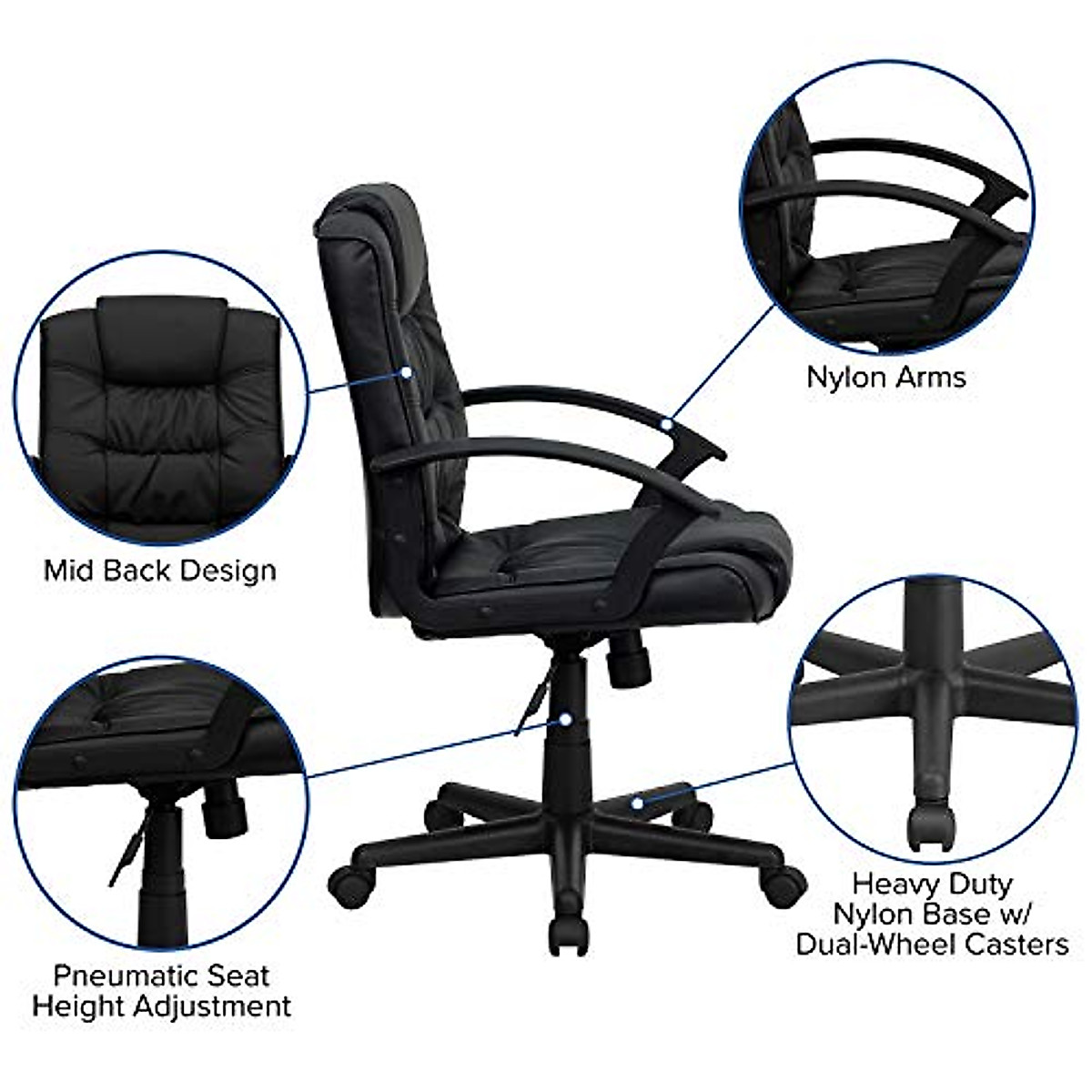 Flash Furniture Lindon Mid-Back Black LeatherSoft Swivel Task Office Chair with Arms