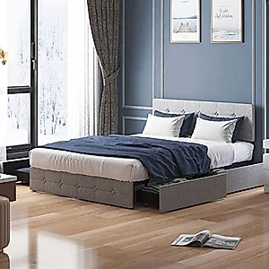 Mjkone California King Size Platform Bed Frame with 4 Storage Drawers, Light Grey