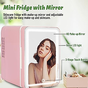 VNIMTI Mini Skincare Fridge 4 Liter/6 Cans, Portable Cosmetic Fridges with Makeup Mirror, Cooler & Warmer, AC & DC, Small Refrigerator for Bedroom, Car, Office, Outdoor (Pink - 4L)