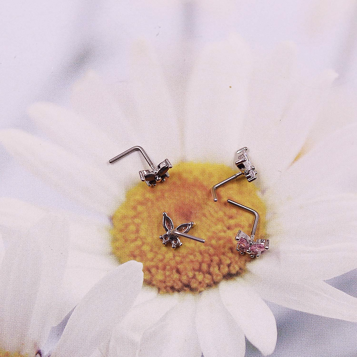 CHARM ONLINE CZ Butterfly Flower Nose Stud Top L Bend Stud Nose Ring 20G L Shaped Nose Studs Nose Hoop Rings Nose Body Piercing for Women Men