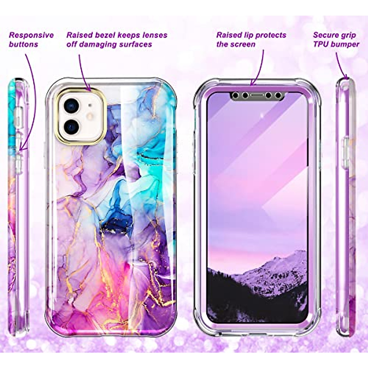 Hocase for iPhone 11 Case, (with Screen Protector) Shockproof Slim Lightweight Soft TPU+Hard PC Full Body Protective Case for iPhone 11 (6.1" Display) 2019 - Watercolor Marble