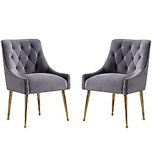 KINWELL Upholstered Dining Chairs Set of 2, Modern Accent Side Chair with Tufted Back and Pull Handle, Velvet Armchair Desk Chair with Gold Metal Legs for Living Room, Home Office,Vanity (Gray)