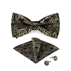 DiBanGu Black Gold Paisley Bow Tie for Men Adjustable Pretied Bow Tie Handkerchief Cufflinks
