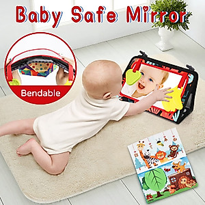 Tummy Time Baby Mirror Toys, High Contrast Black and White Baby Toys 0-3-6 Months, Newborn Brain Development Floor Mirror with Crinkle Cloth Book Montessori Toys for Babies 6-12 Months Infant Sensory