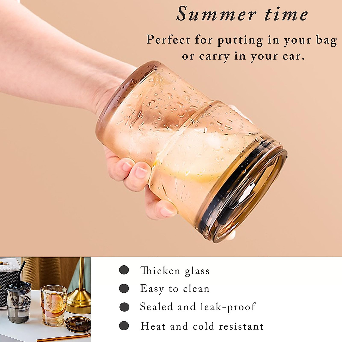 YKNAWOIR 14oz/400ml Tumbler Water Glass Cups with Lid and Straw,Glass Water Bottles Reusable Travel Tumbler Sealed Carry on, Drinking Iced Coffee Cups for Water Smoothie Tea Juice, Insulated Glass Cup