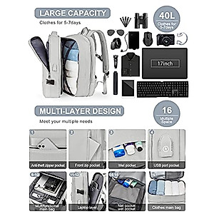 Large Travel Backpack Men,Carry On Backpack,Expandable Airline Airplane Flight Approved Weekender Backpack,Laptop Backpack,Waterproof 40l Business Travel Backpack Women,Overnight Backpack, Grey
