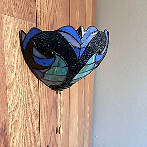 enjoy decor lamps Tiffany Sconces Half Moon Blue Green Stained Glass Pull Chain Switch LED Bulb Included for Bedroom Dining Room Living Room 7" H12 W