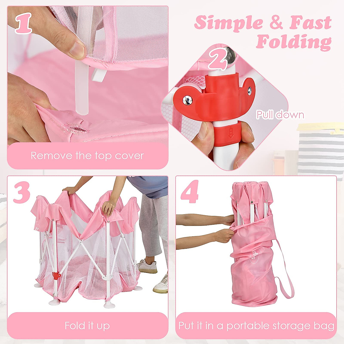 INFANS Baby Playpen with Removable Mesh & UV Canopy, 53" Portable Playhouse with Carry Bag, Dome, Padded Floor, Easy Folding Playard Activity Center (Light Pink)