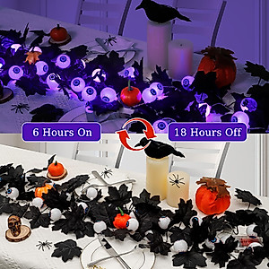 Ouddy Decor 2 Pack Lighted Halloween Garland, Total 20 FT 60 LED Black Maple Leaves Garland with Eyeballs Lights Waterproof Timer Battery Operated for Indoor Outdoor Home Halloween Decorations, Purple