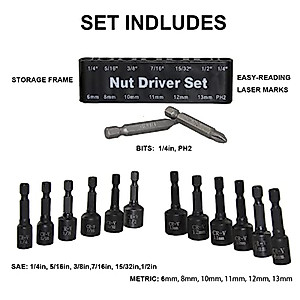 MacWork 14PC Power Magnetic Nut Driver Drill Bit Set Socket Bit Adapter metric&SAE Socket for Wrench Screw 1/4" Driver Hex