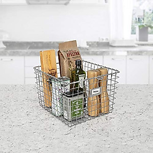 Takyl Home Medium Vintage Kitchen Pantry Basket with Customizable Label Plate for Shelves, Pantry, Closet and Food Storage, Large, Chrome