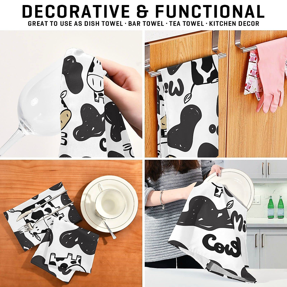SLHKPNS Milk Cow Cartoon Kitchen Dish Towel Set of 1, Kawaii Moo Childish 18x28in Absorbent Dishcloth Reusable Cleaning Cloths for Household Use