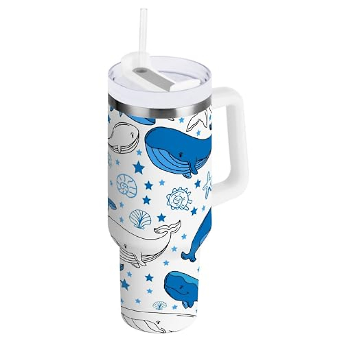DIGTIA Stainless Steel Insulated Tumbler w/Handle & Straw, Blue White Whales Double Wall Vacuum Travel Coffee Mug Cup w/Lid, Leak-Proof Sports Ocean Water Bottle,30oz