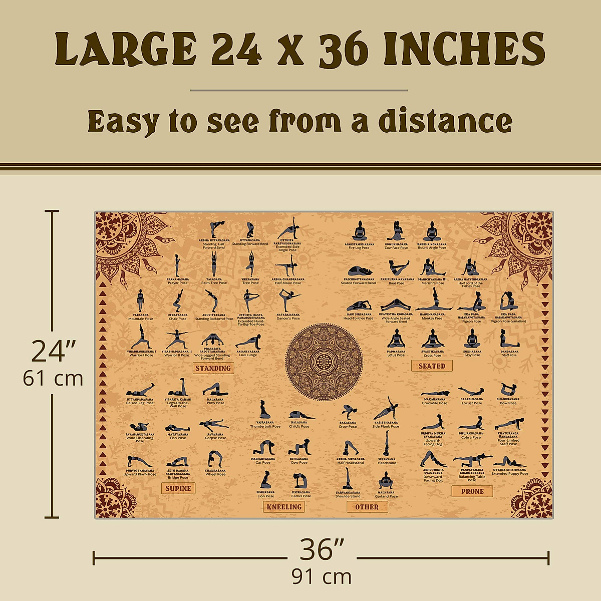 The Mindful Word Yoga Poses Poster (24x36 Inches) - Extra Large Yoga Poster with 62 Asanas/Positions/Stretches English & Sanskrit (Rolled/Tube)