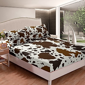 Cow Print Bedding Set Adult Women Brown Highland Cow Print Fitted Sheet for Boys Girls Western Room Decor Fitted Bed Sheets Wild Animal Farmhouse Milk Cow Print Bedding Collections, Twin Size