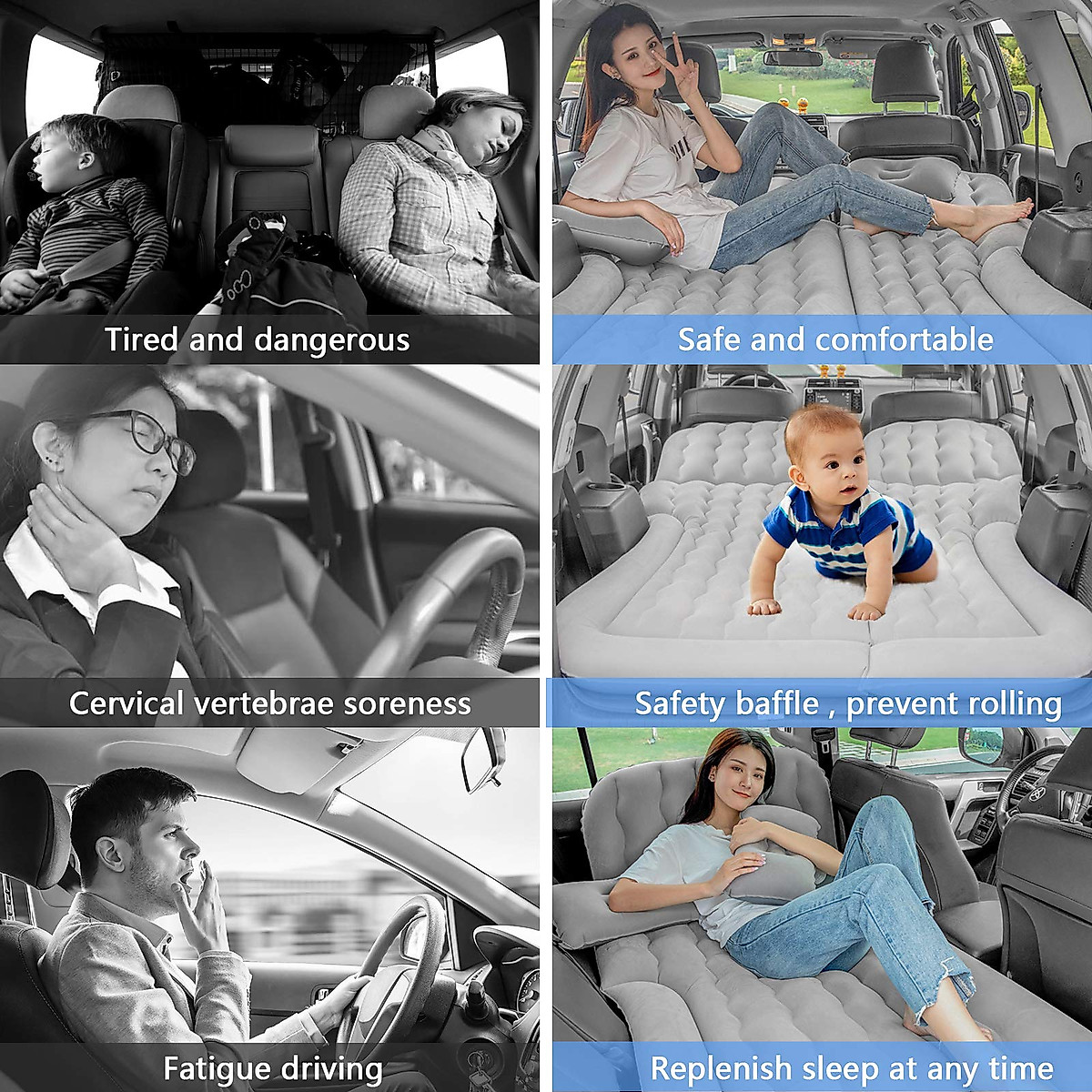 Haomaomao SUV Air Mattress, Inflatable Car Bed with Electric Pump and Pillow, Flocking Surface, Camping Sleeping Pad for Travel SUV Sedan Back Seat Trunk Tent Chevy Jeep Wrangler Toyota Honda Civic