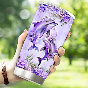 WONWIX Personalized Dolphin Tumbler Customized Name Dolphins Coffee Mug Gifts For Women Girls Custom Water Bottle Mugs 20oz Gift For Adults Christmas Birthday Insulated Stainless Steel Cup With Lid