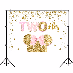 Cartoon Pink Golden Mouse 2nd Birthday Backdrop for Girls Oh Twodles Mouse Happy 2nd Birthday Party Decorations Girl Princess Birthday Party Banner Cake Table Decor 5x3ft