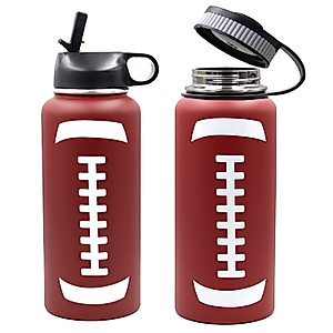 Football Water Bottle, Wide Mouth Metal Thermo Flask with 2 Lids, Stainless Steel Travel Tumbler Double Wall Vacuum Leak Proof Insulated Sports Water Bottles, Gifts for Mom Men Lovers (32oz, Football)